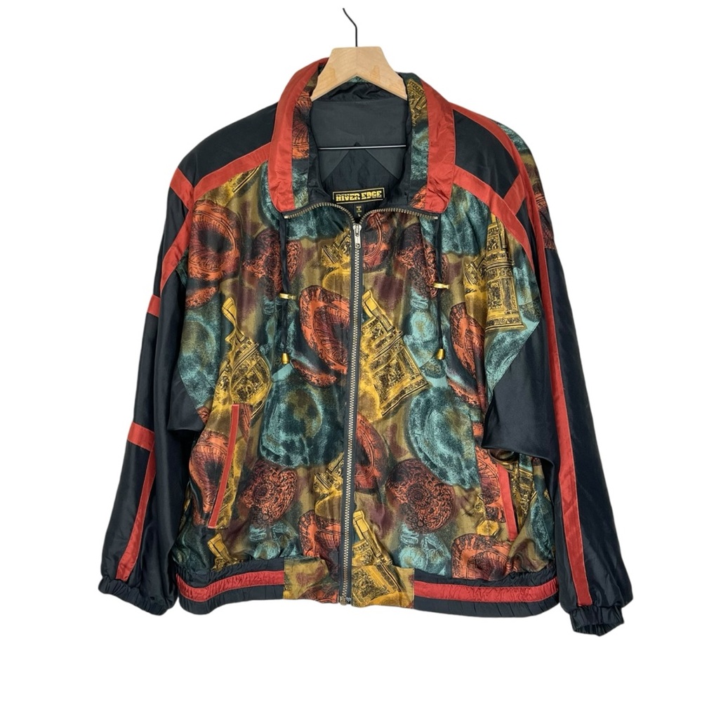 80s Vintage Silk Track Jacket Retro Black Red Size La… - Gem